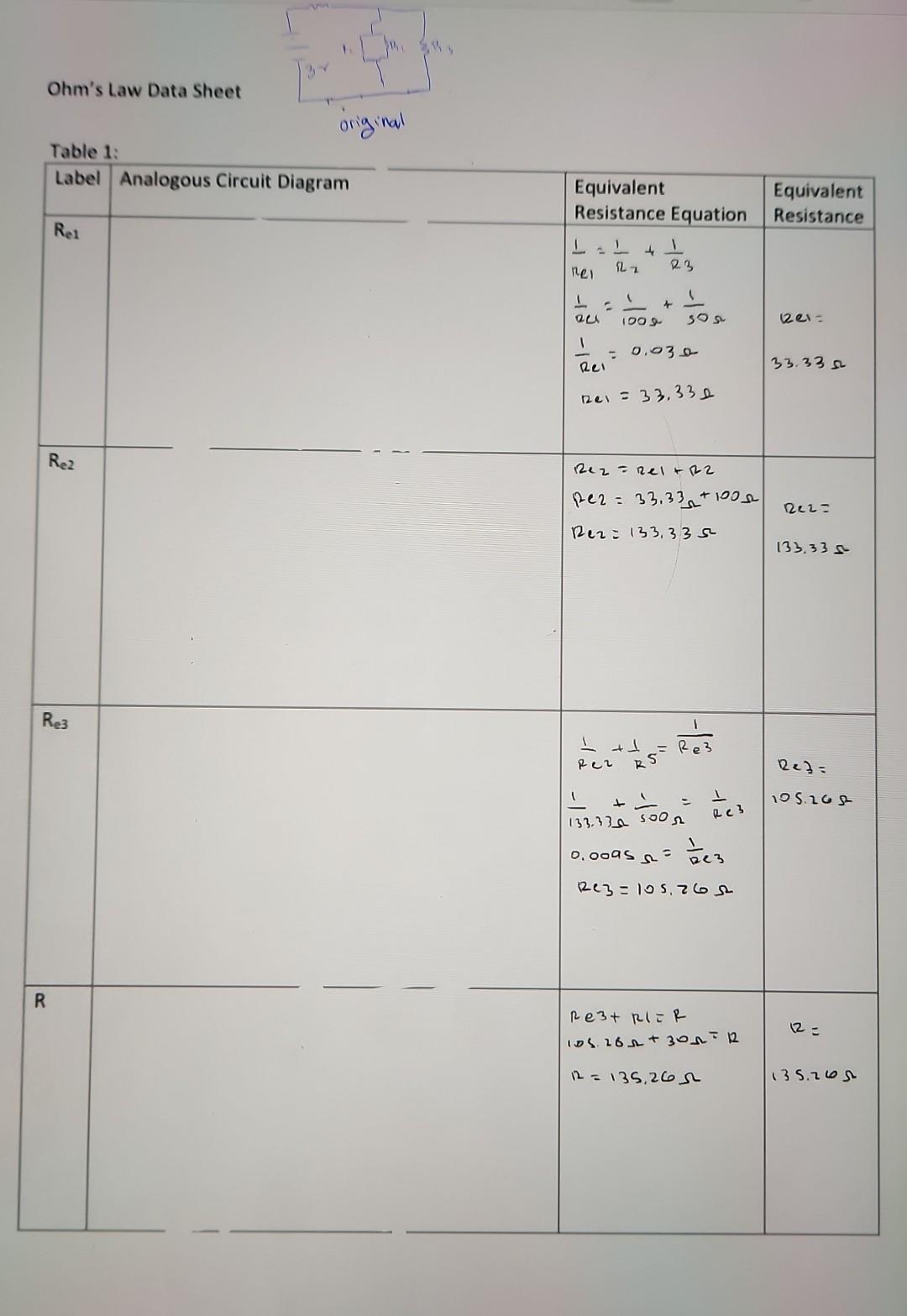 Ohm's Law Data Sheet | Chegg.com