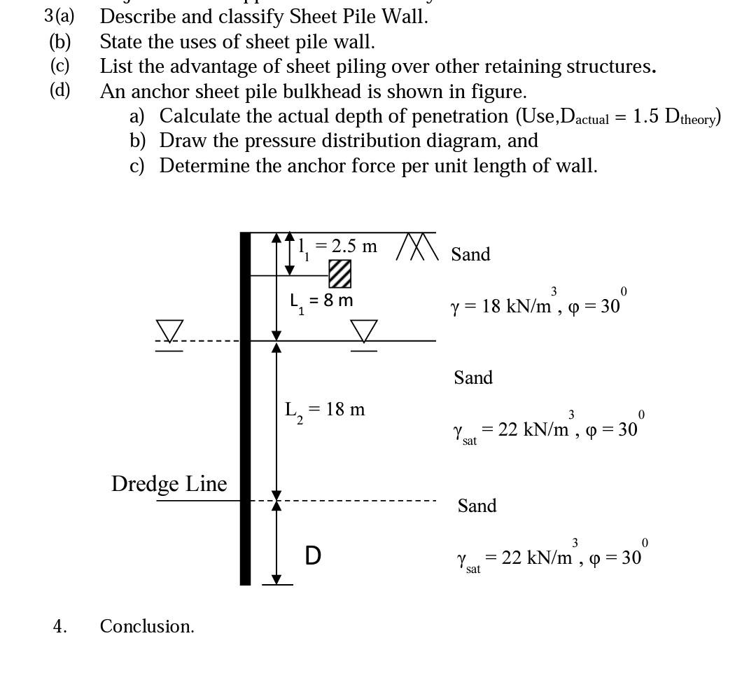 Solved 3(a) (b) (c) (d) Describe and classify Sheet Pile | Chegg.com