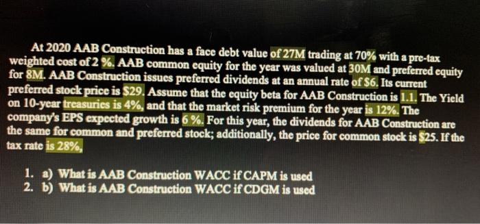 Solved At 2020AAB Construction has a face debt value of 27M | Chegg.com
