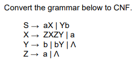 Solved Convert the grammar below to CNF.S -> ﻿aX | ﻿YbX -> | Chegg.com