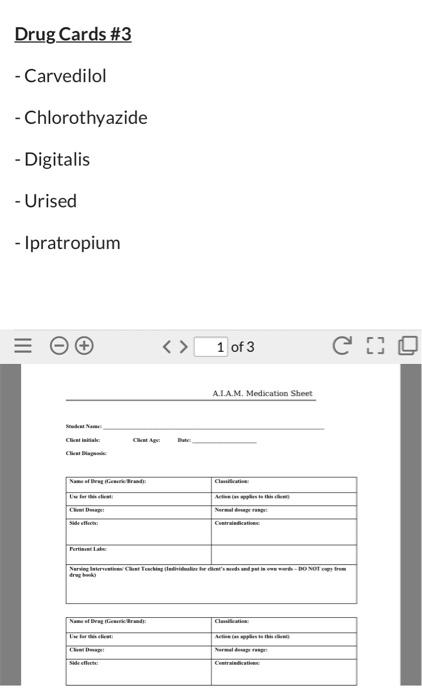 Solved Drug Cards #3 - Carvedilol - Chlorothyazide - | Chegg.com