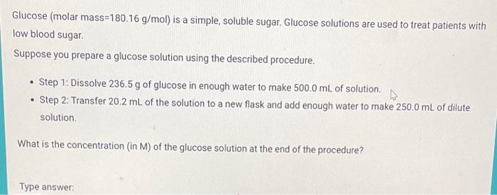 Solved Glucose (molar mass =180.16 g/mol ) is a simple, | Chegg.com