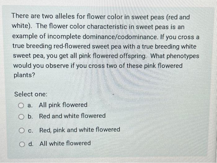 Solved There are two alleles for flower color in sweet peas | Chegg.com