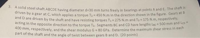 Solved A solid steel shaft ABCDE having diameter d=30 mm | Chegg.com