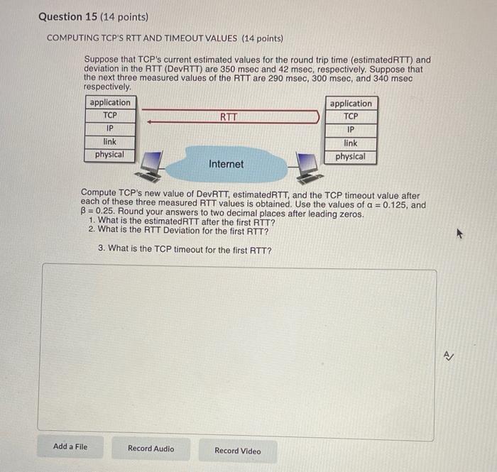 Solved Aputing Tcp S Rtt And Timeout Values 14 Points
