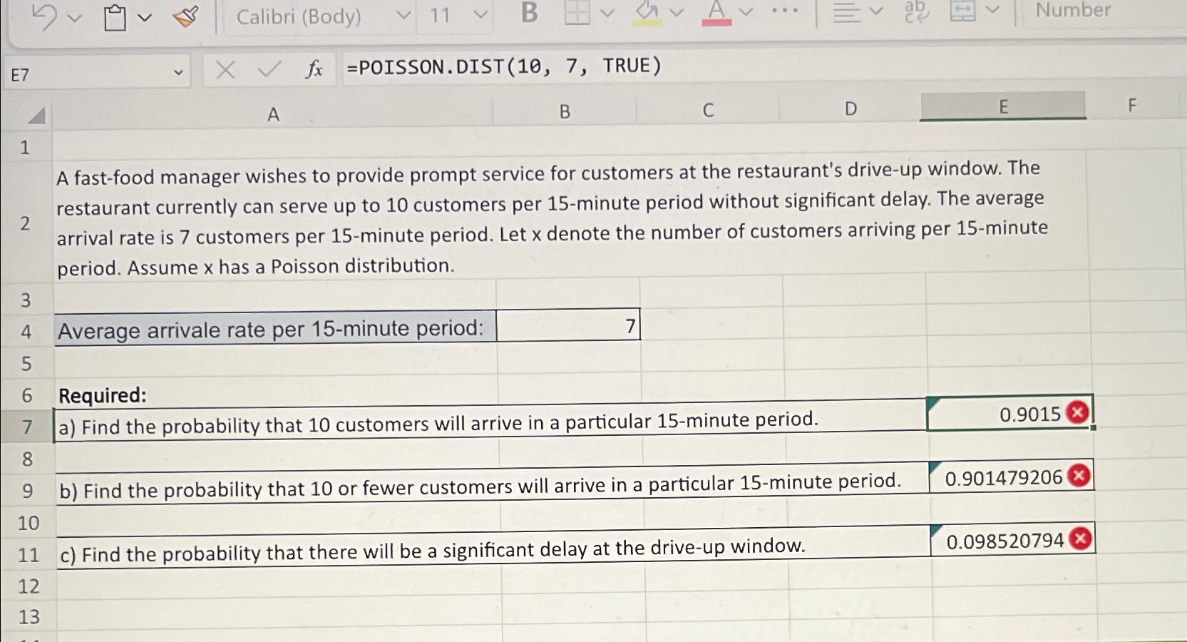 Solved NumberE7fx= ﻿POISSON.DIST , ﻿TRUE)ABCDEF1A fast-food | Chegg.com