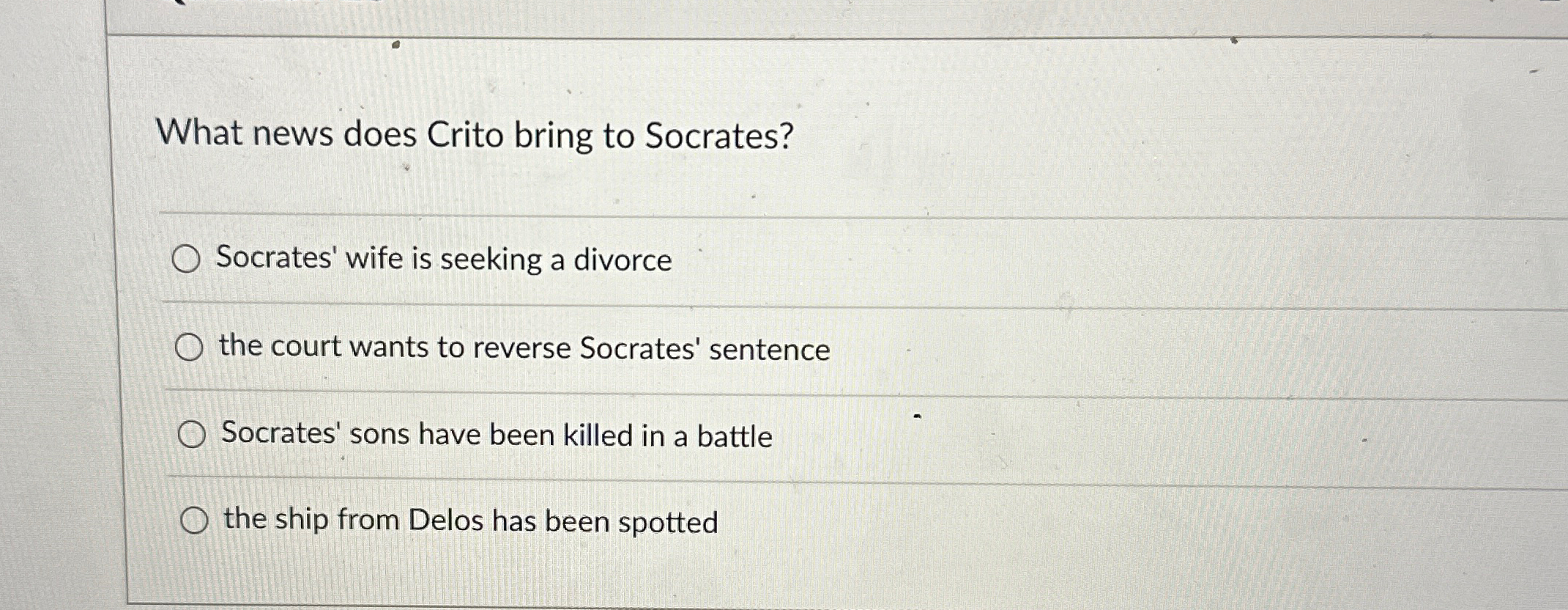 Solved What news does Crito bring to Socrates?Socrates' wife | Chegg.com