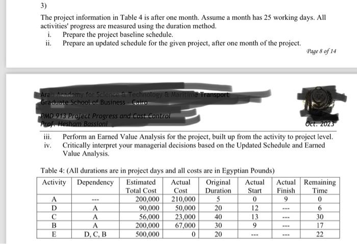 Solved The project information in Table 4 is after one | Chegg.com