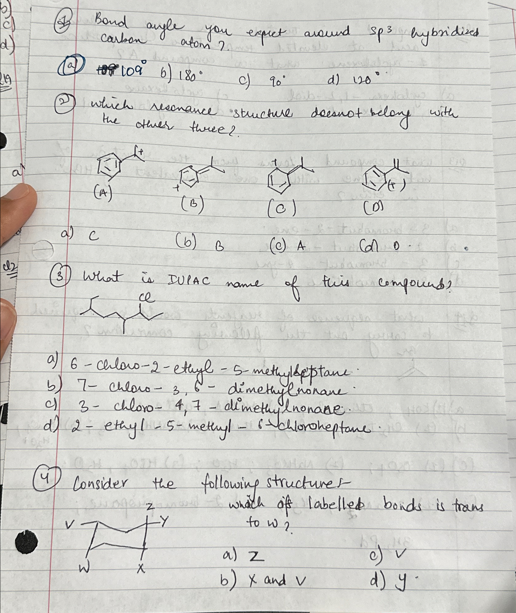Solved (1) ﻿Bond angle you expect avound 5p3 ﻿bybsidized | Chegg.com