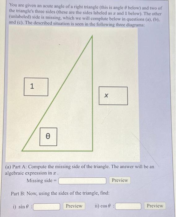 Solved You are given an acute angle of a right triangle | Chegg.com