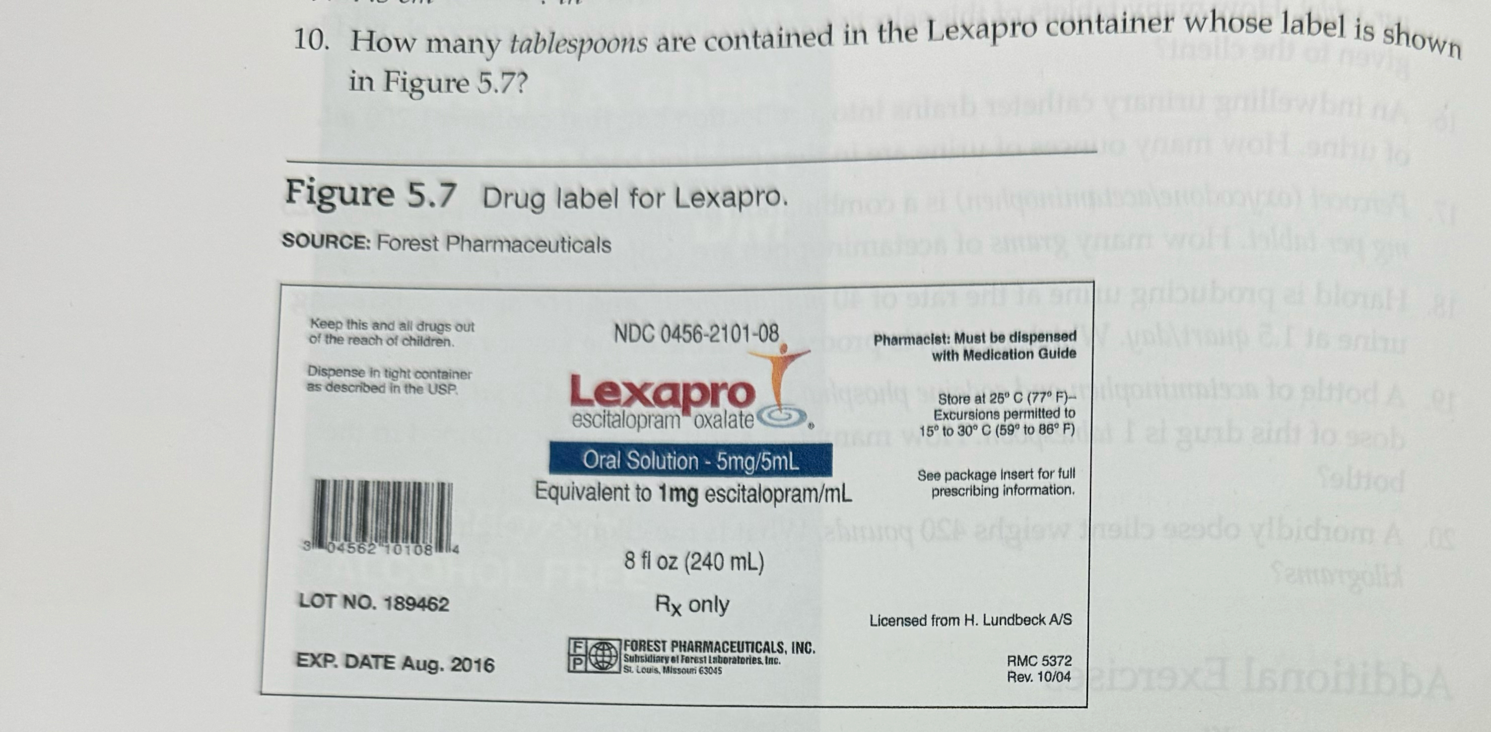 Solved How many tablespoons are contained in the Lexapro | Chegg.com