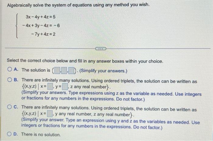 Solved Algebraically solve the system of equations using any | Chegg.com