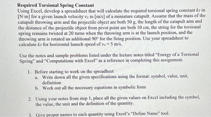 Solved Required Torsional Spring Constant Using Excel, | Chegg.com
