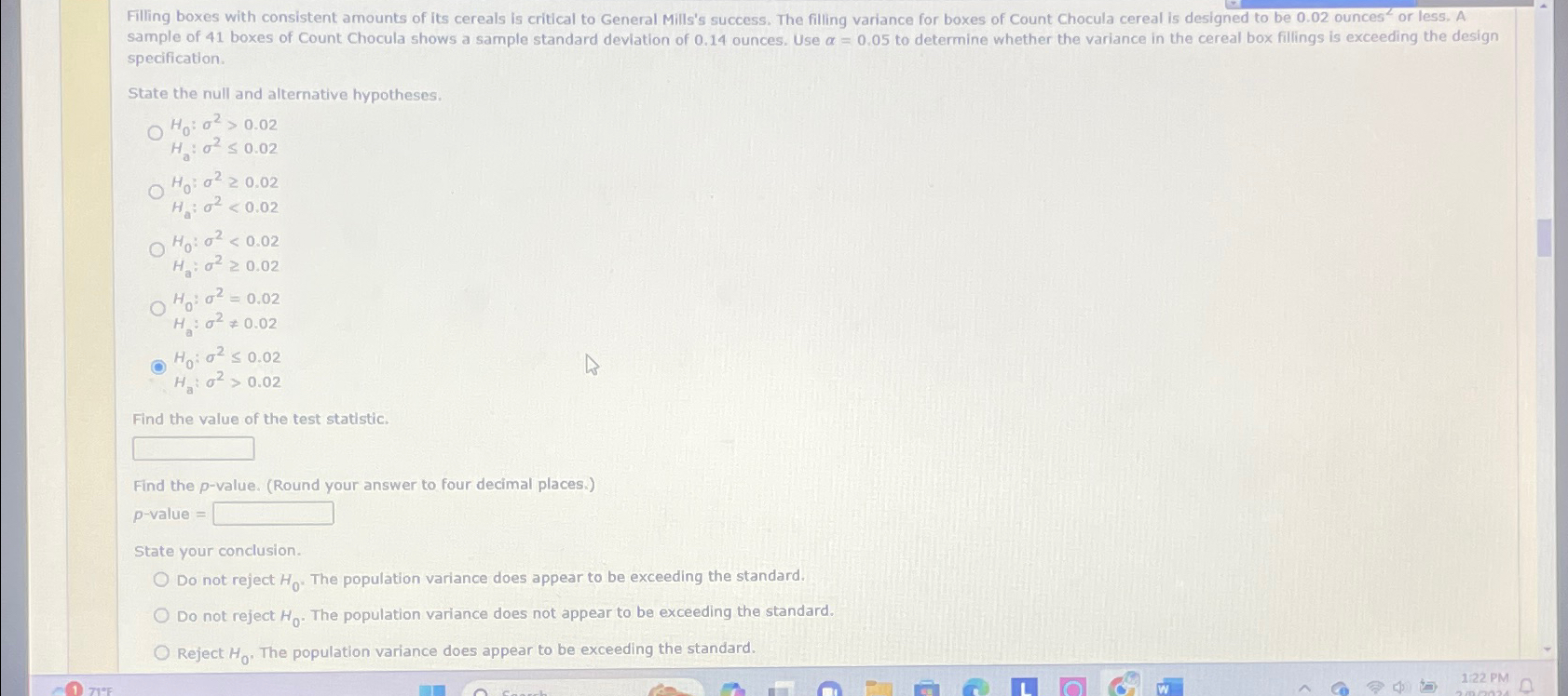 Solved specification.State the null and alternative | Chegg.com