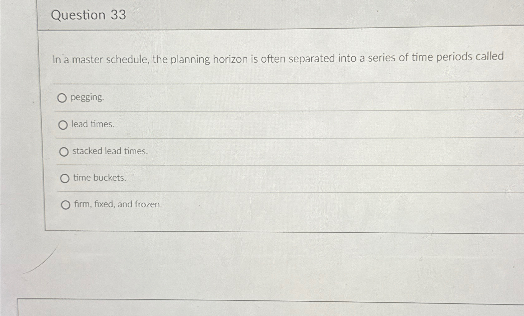 Solved Question 33In a master schedule, the planning horizon | Chegg.com