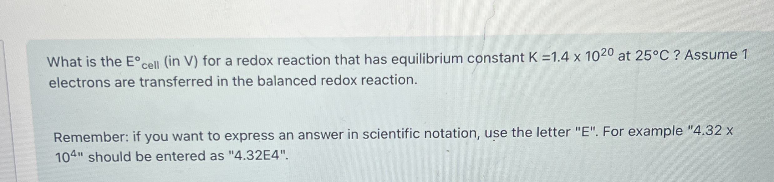 Solved What is the E° ﻿cell (in V ) ﻿for a redox reaction | Chegg.com