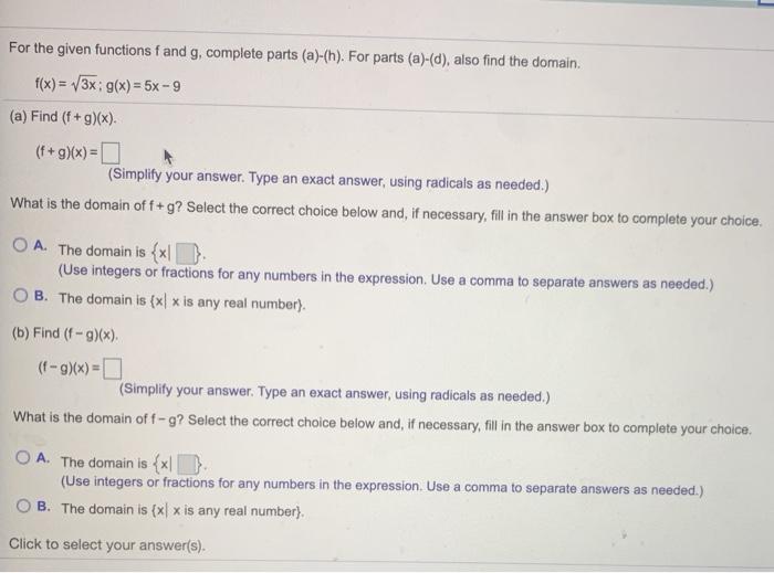 Solved For the given functions f and g, complete parts | Chegg.com