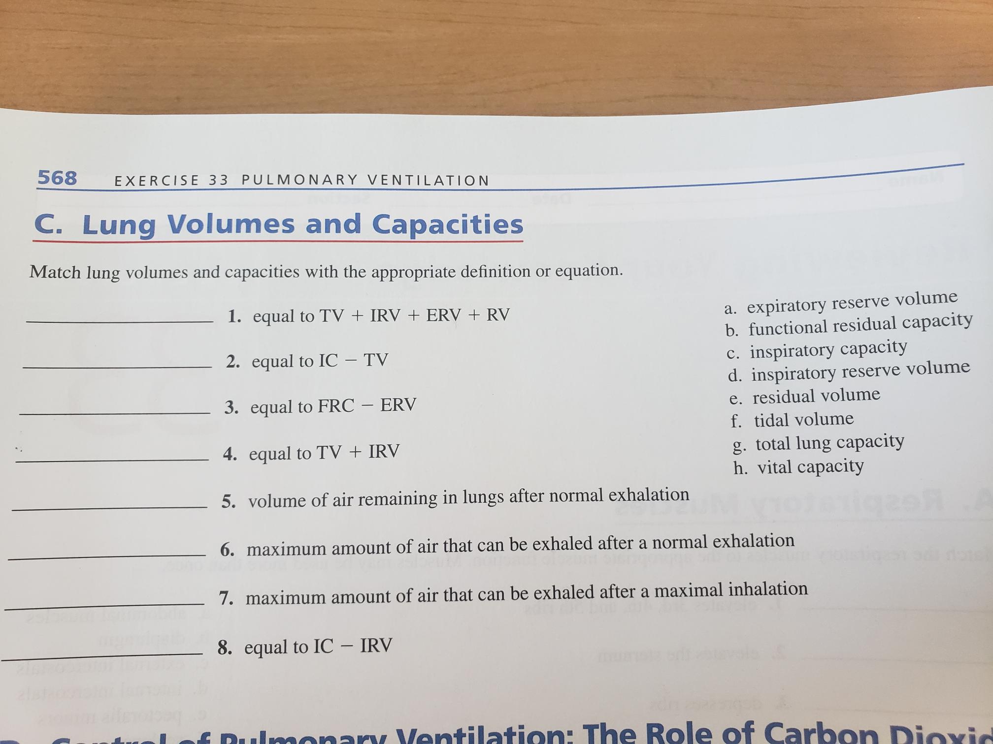 Solved C. ﻿Lung Volumes and CapacitiesMatch lung volumes and | Chegg.com