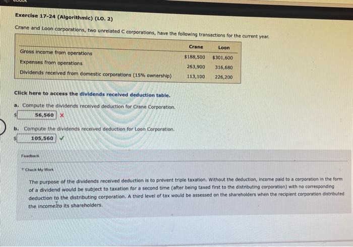 Solved Exercise 17-24 (Algorithmic) (LO. 2) Crane and Loon | Chegg.com