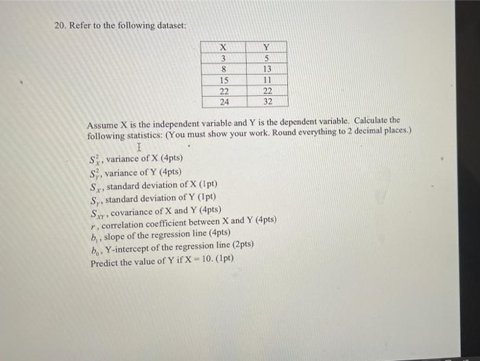 Solved 20. Refer to the following dataset: X 3 8 Y 5 13 15 | Chegg.com