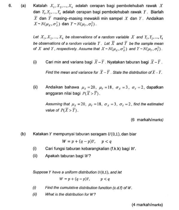 Solved 6. (a) (b) Katalah X₁, X₂, X, adalah cerapan bagi | Chegg.com