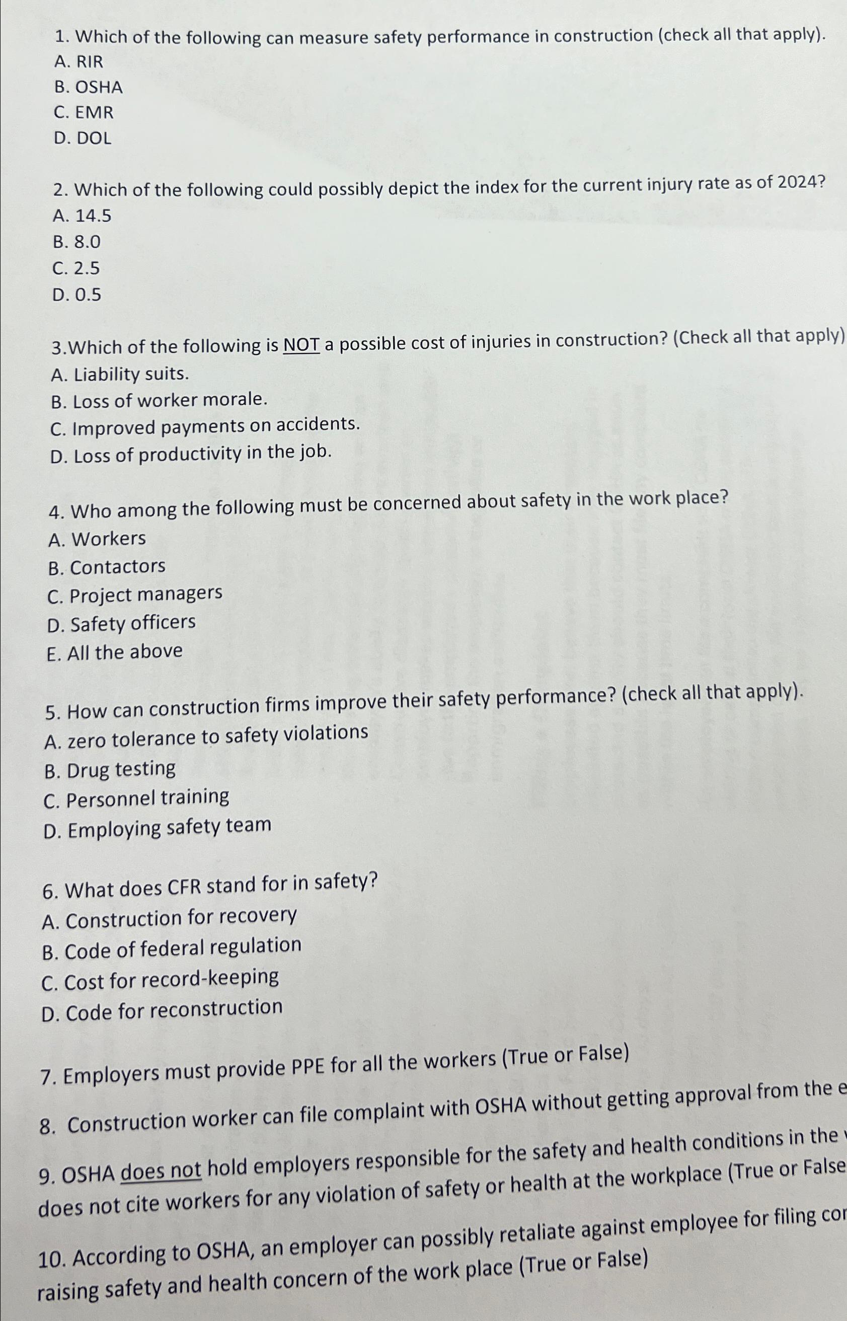 Solved Which of the following can measure safety performance | Chegg.com