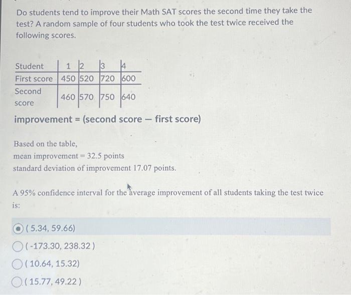 Solved Do students tend to improve their Math SAT scores the | Chegg.com