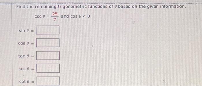 [Solved]: Find the remaining trigonometric functions of
