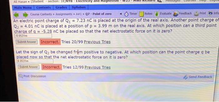 Solved An electric point charge of Q1=7.23nC is placed at | Chegg.com