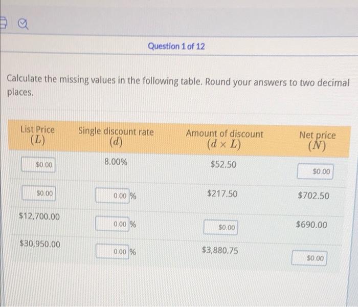 Solved Question 1 of 12 Calculate the missing values in the | Chegg.com