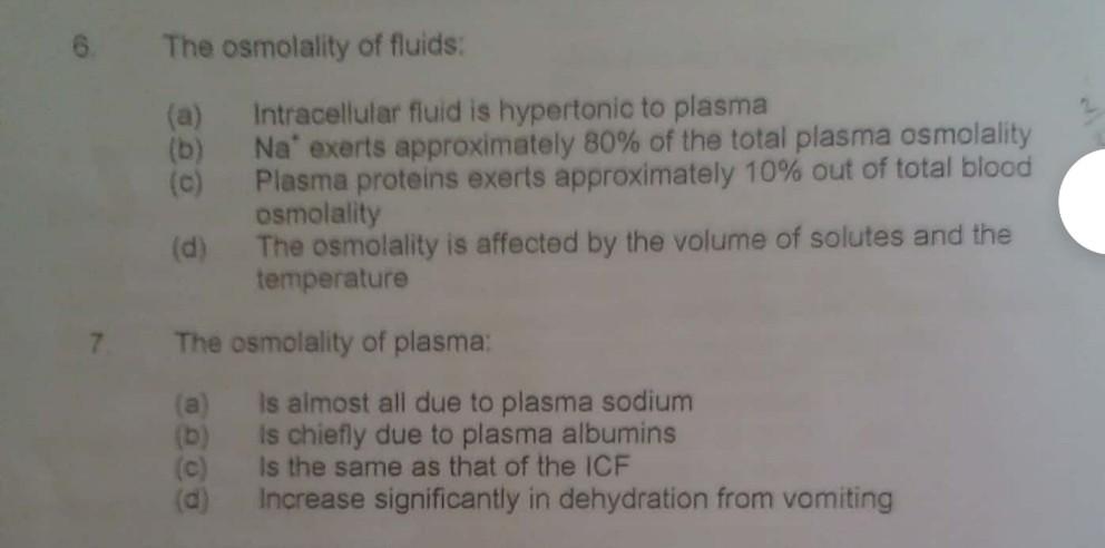 Solved The osmolality of fluids: (a) Intracellular fluid is | Chegg.com