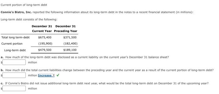 Solved Current portion of long-term debt Connie's Bistro, | Chegg.com