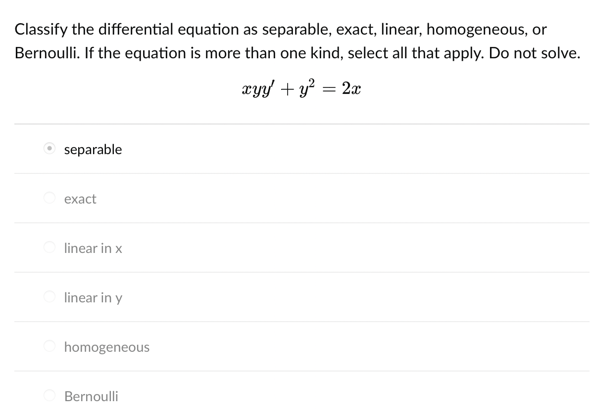 Solved Classify the differential equation as separable, | Chegg.com
