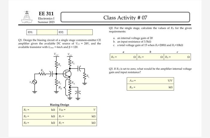 Solved Q1. Design the biasing circuit of a single stage | Chegg.com