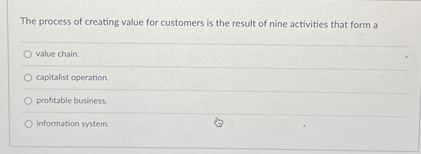 Solved The process of creating value for customers is the | Chegg.com