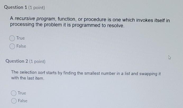 Solved Question 1 (1 point) A recursive program, function, | Chegg.com