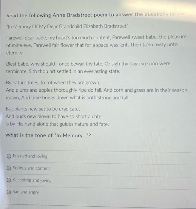 Read the following Anne Bradstreet poem to answer the | Chegg.com