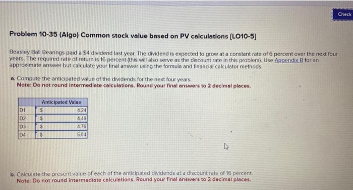 Solved Problem 10-35 (Algo) Common stock value based on PV | Chegg.com