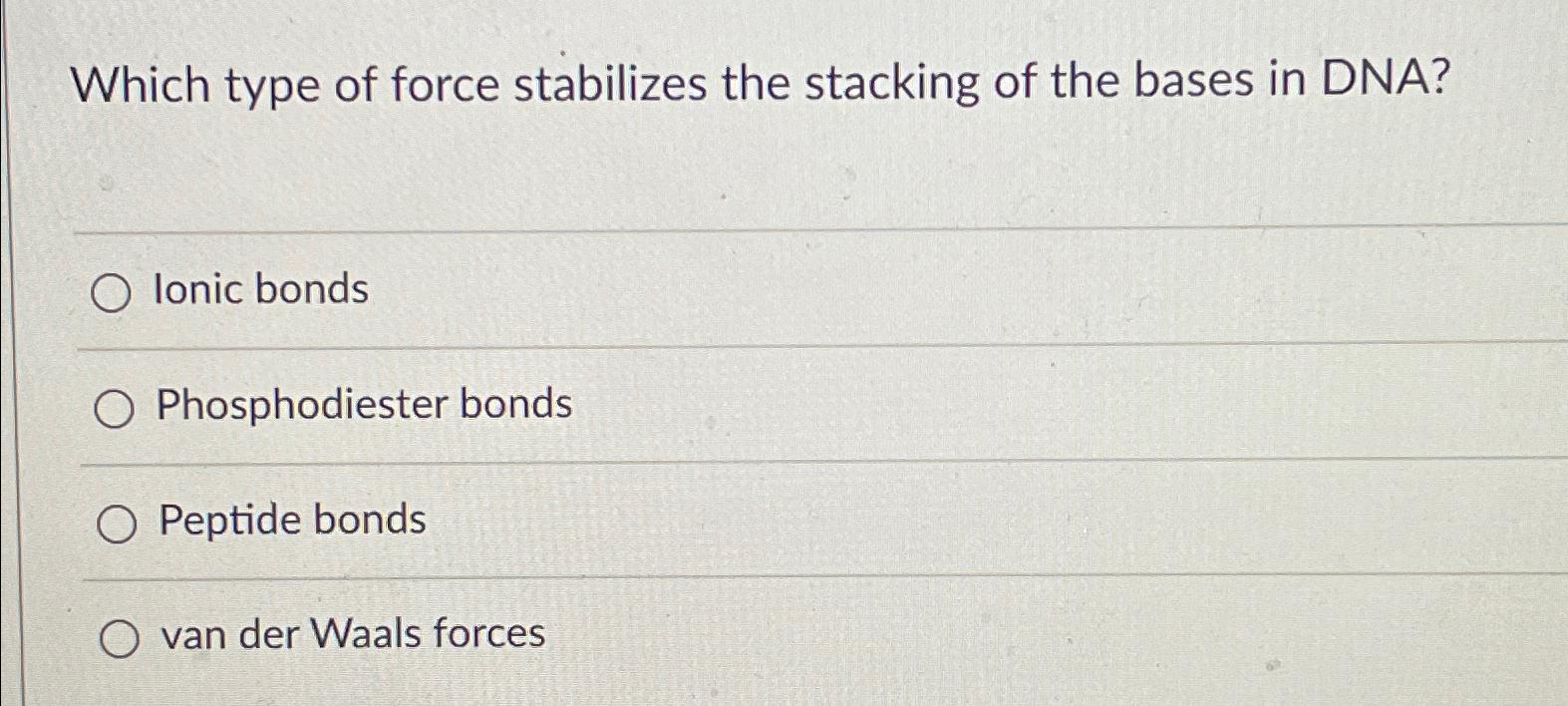 Solved Which type of force stabilizes the stacking of the | Chegg.com