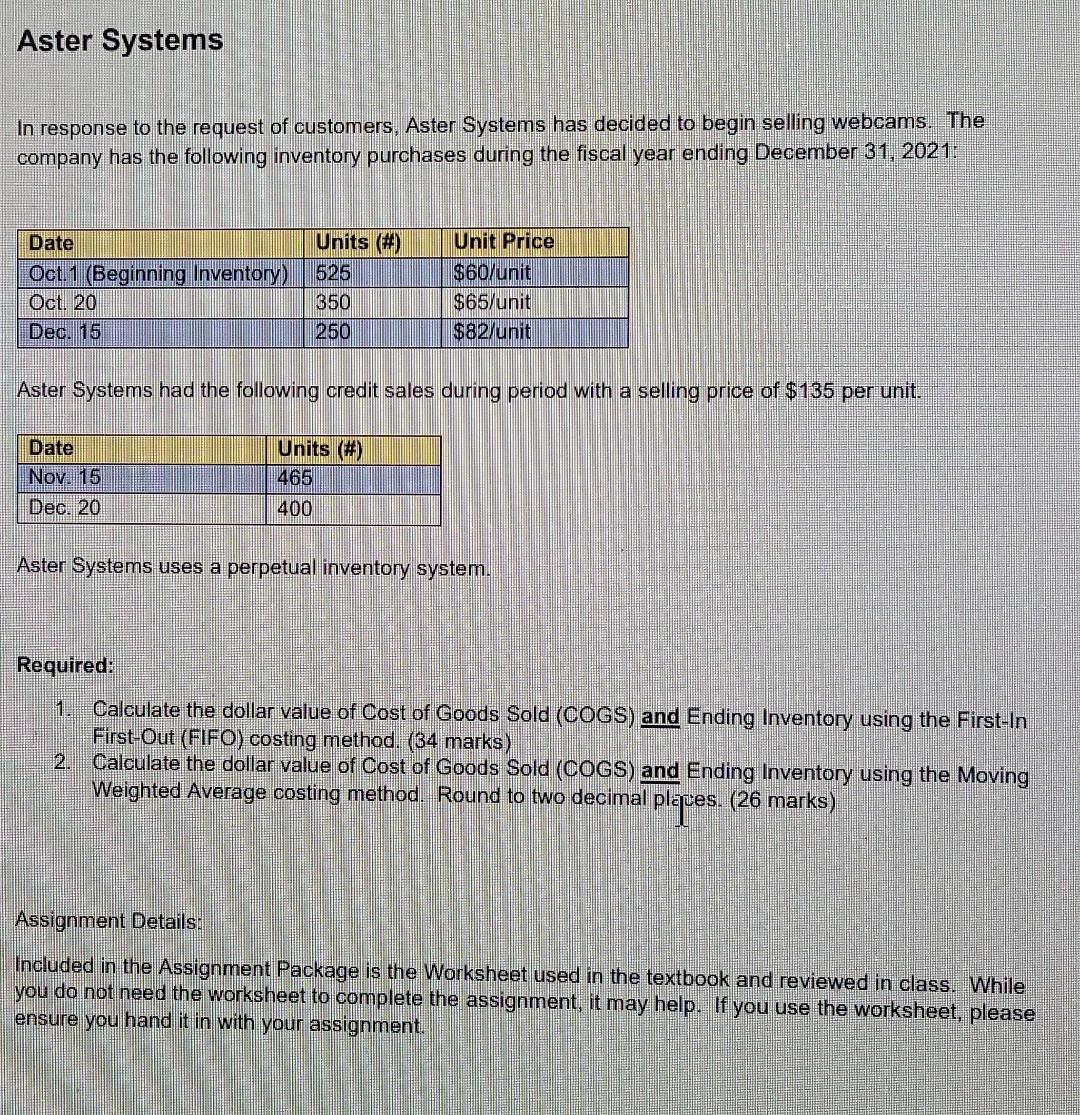 Solved Aster Systems In response to the request of | Chegg.com