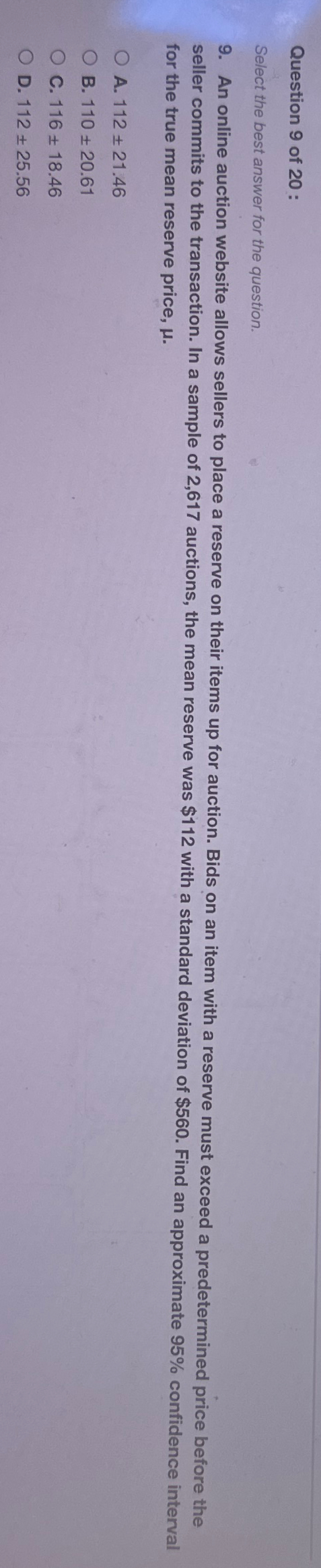 Solved Question 9 ﻿of 20 ﻿:Select the best answer for the | Chegg.com