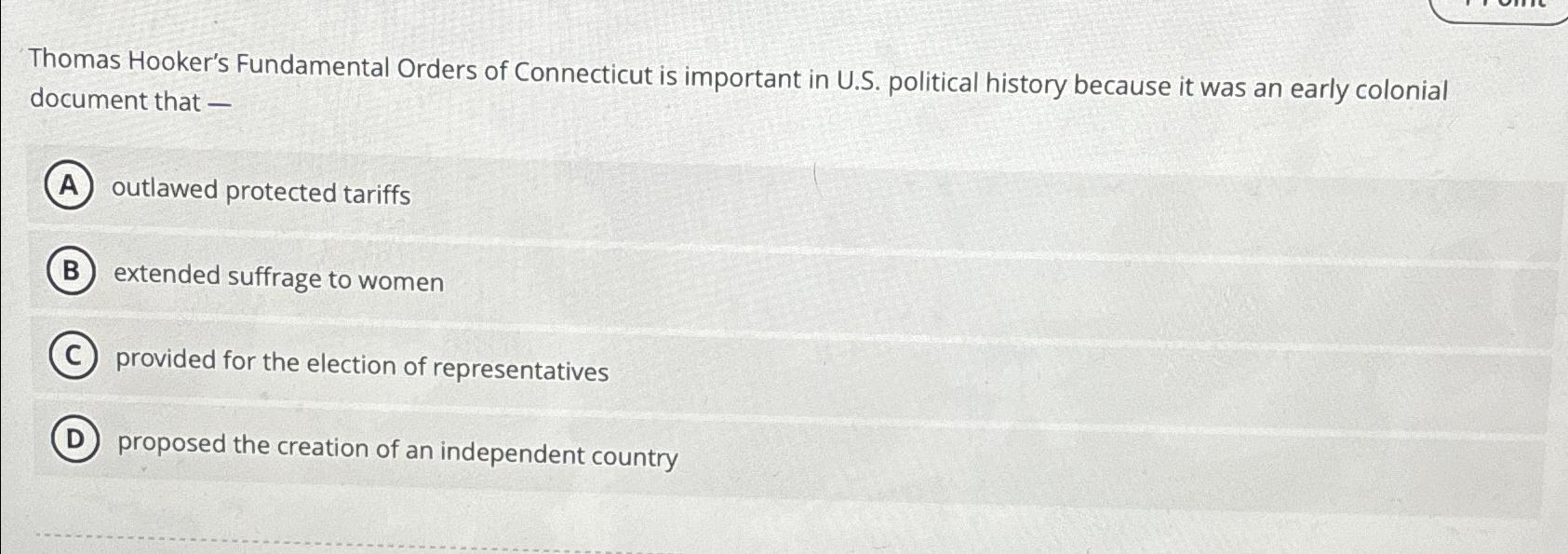 Solved Thomas Hooker's Fundamental Orders of Connecticut is | Chegg.com