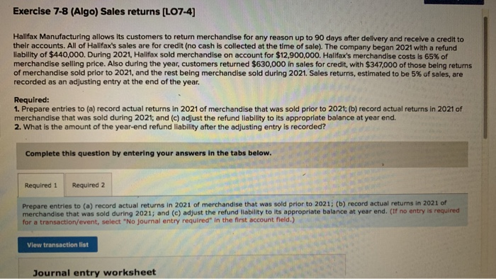 Solved Exercise 7-8 (Algo) Sales returns (L07-4) Halifax | Chegg.com