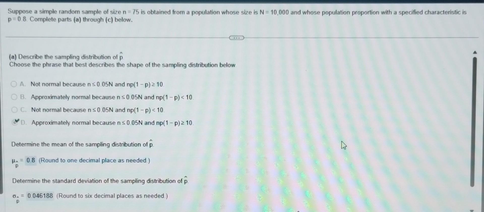 Solved Suppose a simple random sample of size n=75 is | Chegg.com