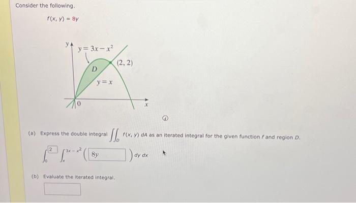Solved Consider the following. f(x,y)=8y (a) Express the | Chegg.com