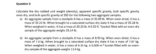 Solved Question 3 Calculate the dry rodded unit weight | Chegg.com