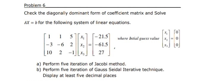 Solved Problem 6Check the diagonally dominant form of | Chegg.com
