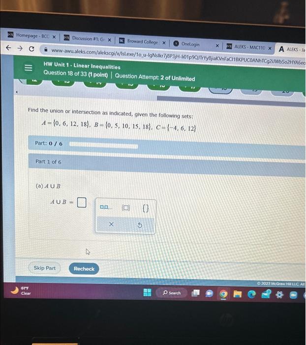 Solved Find the union or intersection as indicated, given | Chegg.com
