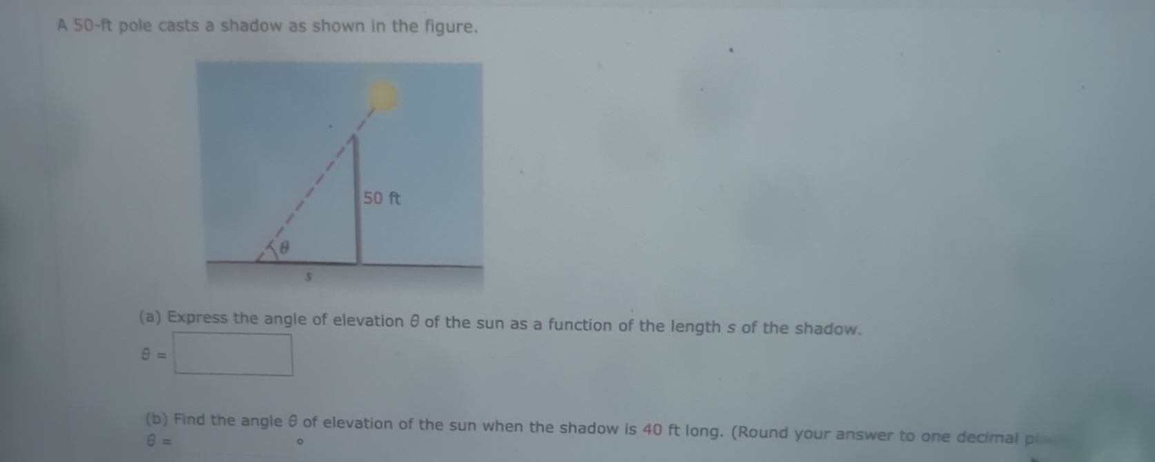 Solved A 50-ft pole casts a shadow as shown in the | Chegg.com