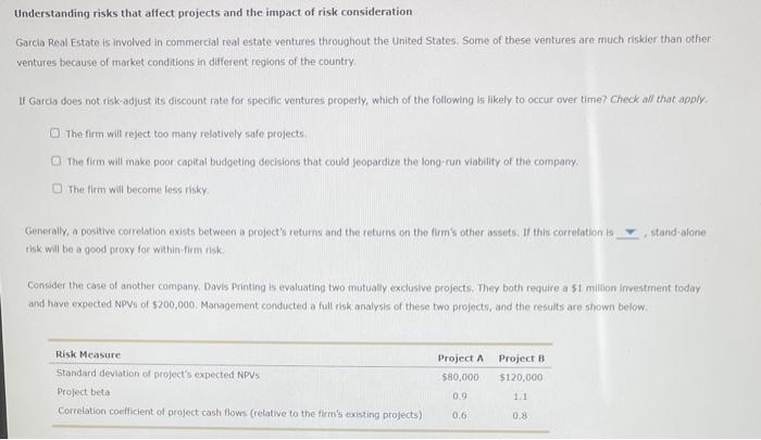 Solved Understanding risks that affect projects and the | Chegg.com